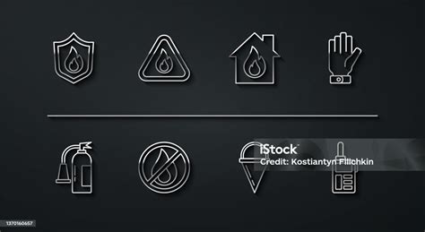 세트 라인 화재 보호 방패 소화기 소방관 장갑 콘 양동이 화재 없음 화염 삼각형 워키 토키와 불타는 집 아이콘 벡터 가연성에 대한 스톡 벡터 아트 및 기타 이미지 Istock