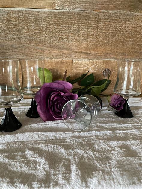 Black Stem Glassware Fancy Bar Glasses Set Of Four Vintage 1980s