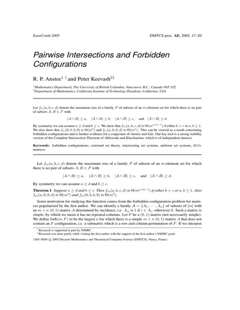 pairwise intersections and forbidden configurations r p anstee and