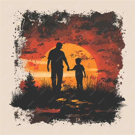 Silueta De Un Padre Y Un Hijo Caminando De La Mano Vector De Dibujos