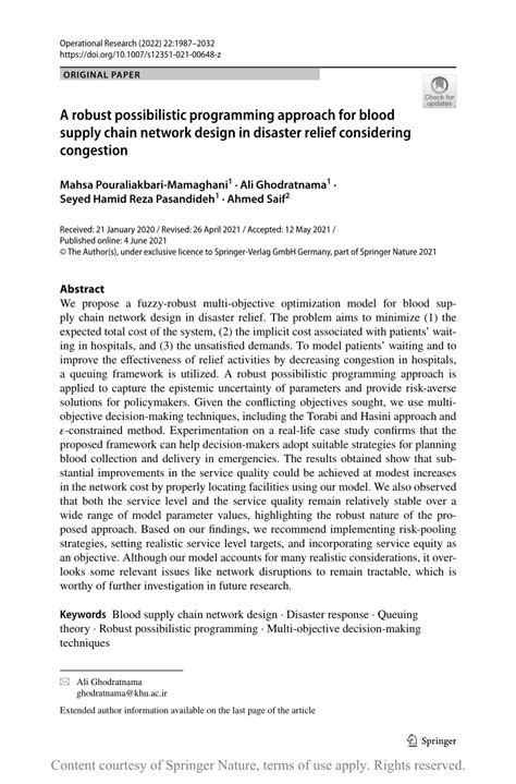 A Robust Possibilistic Programming Approach For Blood Supply Chain Network Design In Disaster