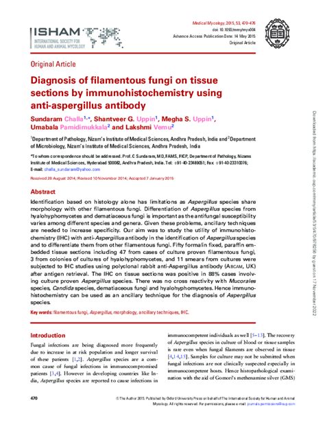 Pdf Diagnosis Of Filamentous Fungi On Tissue Sections By Immunohistochemistry Using Anti