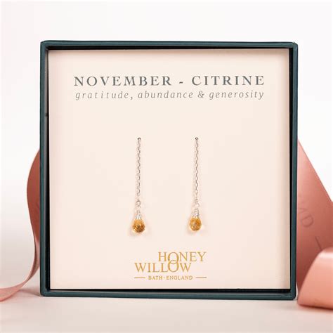 November Birthstone Threader Earrings Citrine Silver And Gold Honey