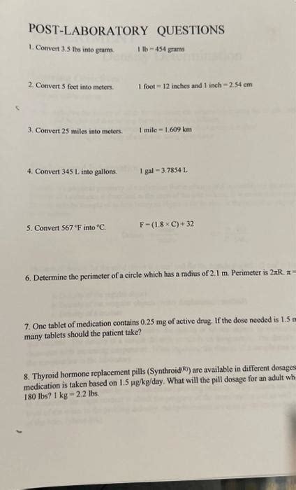 solved post laboratory questions 1 convert 3 5 lbs into