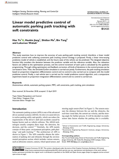 Pdf Linear Model Predictive Control Of Automatic Parking Path