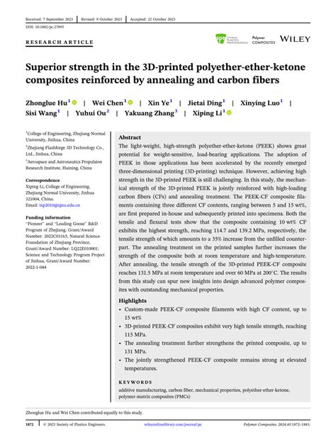 Superior Strength In The 3d‐printed Polyether‐ether‐ketone Composites Reinforced By Annealing