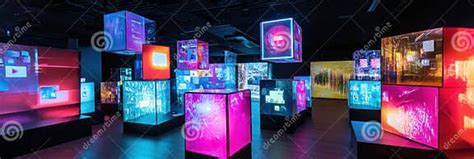 Floating Cubes Create An Interactive Display Featuring Multimedia Symbols And Abstract Text In A