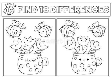 Garden Black And White Kawaii Find Differences Game Coloring Page With
