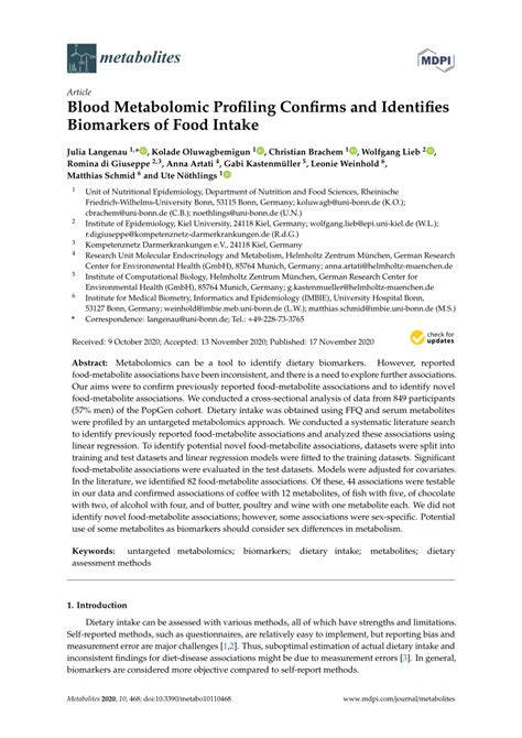 PDF Blood Metabolomic Profiling Confirms And IdentifiesBiomarkers Of Food Intake