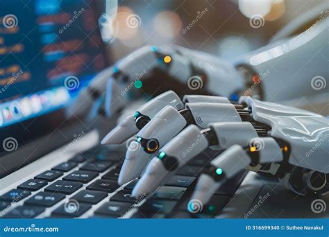 Robot Hand Typing On The Computer Futuristic Robot Hand Typing And Working With Laptop Keyboard