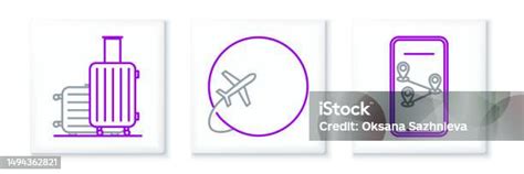 도시 지도 내비게이션의 라인 인포그래픽 여행을 위한 여행 가방 비행 비행기 아이콘이 있는 지구본을 설정합니다 벡터 0명에 대한