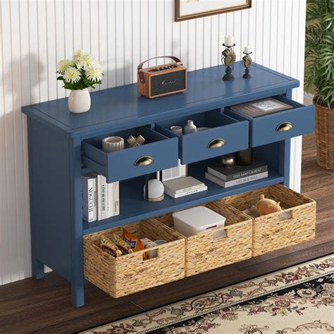 Harper And Bright Designs Navy 47 In Rectangle Wood Vintage Console Table With 3 Water Hyacinth