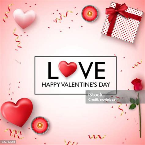 해피 발렌타인 데이 배경입니다 빨강 핑크 하트 촛불 장미 꽃 선물 레드 골드 색종이 리본 2월에 대한 스톡 벡터 아트 및 기타 이미지 Istock