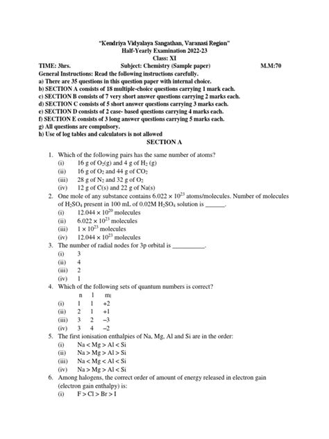 Half Yearly Sample Paper Class Xi Chem Pdf Atomic Orbital Electron