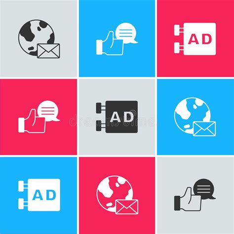 Set Earth Globe With Mail Customer Product Rating And Advertising Icon Vector Stock