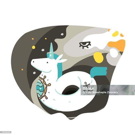 손으로 그린된 벡터 추상적인 그래픽 창작 만화 일러스트 포스터 또는 문신 올드 스쿨 유니콘 반지 부 표 혜성 백색 추상적인 배경에 고립 된 우주에 있는 행성와 인쇄 개념에