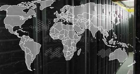 World Map With Network Connections Animation Over Server Room