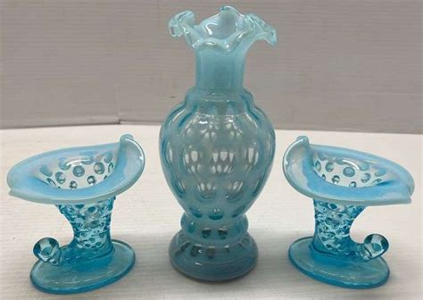 Fenton Blue Opalescent Coin Dot Vase And 2 Fenton Opalescent Hobnail