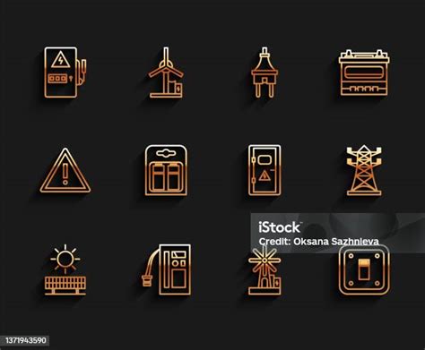 세트 라인 태양 에너지 패널과 태양 배터리 전기 풍력 터빈 전등 스위치 팩 고전압 전원 극선 및 캐비닛 아이콘 벡터 배터리 저장에 대한 스톡 벡터 아트 및 기타 이미지