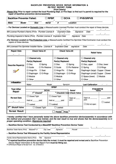 Backflow Prevention Device Repair Information And Re Test Report Form Printable Pdf Download