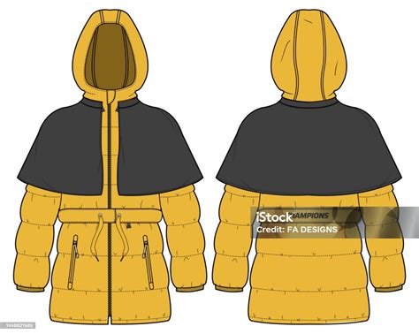 여성용 퀼트 푸퍼 후드 재킷 디자인 플랫 스케치 일러스트 다운 푸파 패딩 후드 재킷 앞면과 뒷면보기 겨울에는 소녀와 여성을위한 소프트 쉘 겨울 재킷 0명에 대한 스톡 벡터