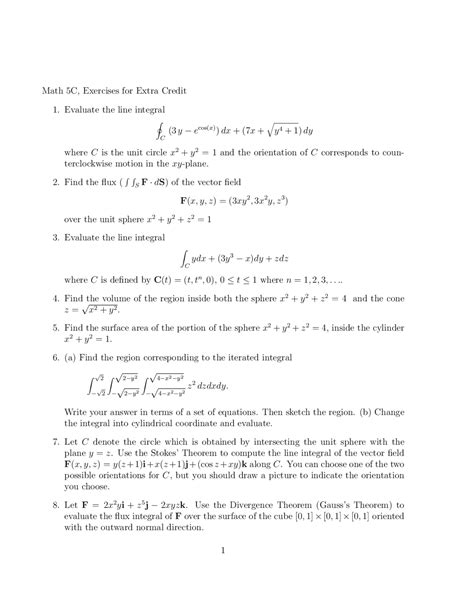 20 Problems To Evaluate The Integral Assignment Math 5c Docsity