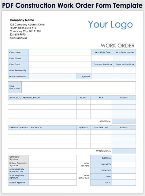 Free Pdf Work Order Forms And Templates Editable Printable