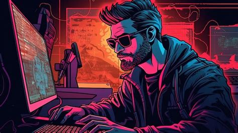 Premium Ai Image Bearded Male Hacker With Glasses Working At A