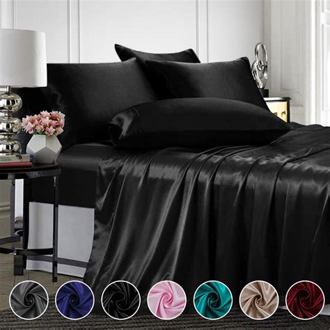 Anminy Queen Size Silky Satin Sheets Set Black Deep Pocket Bed Flat