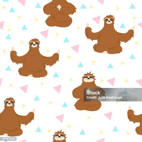 화려한 삼각형흰색 배경에 연꽃과 나마스테 포즈에 귀여운 나무늘보 곰 만화 스타일의 손으로 그린 나무늘보와 벡터 원활한 패턴 랩핑