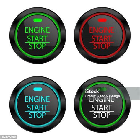 흰색 배경에 분리된 차량 점화를 위해 엔진 시동정지 버튼을 설정합니다 전원 버튼은 흰색 빨간색 파란색 녹색 표시등 벡터 3d