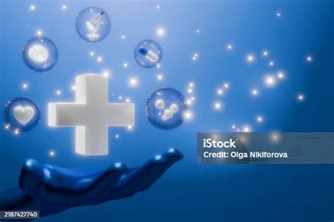 손에는 건강 기호로 둘러싸인 더하기 기호가 들어 있어 건강 인식과 보살핌을 나타냅니다 3d 렌더링 더하기 기호에 대한 스톡 사진