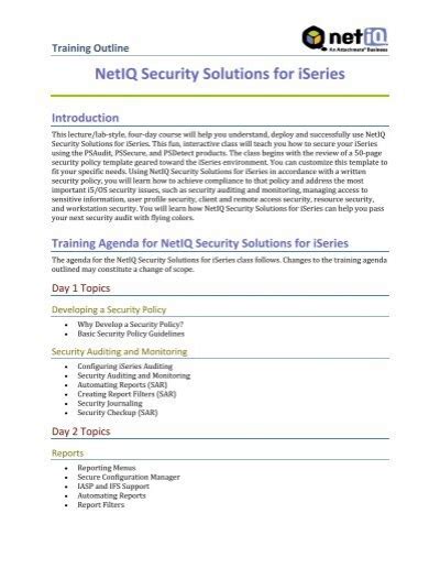 Training Outline Netiq Security Solutions For Iseries Introduction