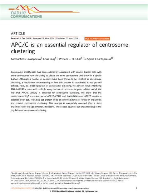 Pdf Apcc Is An Essential Regulator Of Centrosome Clustering