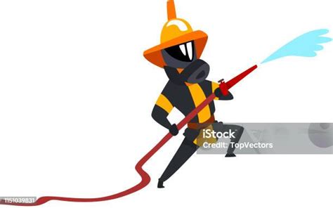 소방 관은 흰색 배경에 직장 벡터 일러스트 레이 션에서 유니폼과 마스크에 호스 소방 관 문자를 사용 하 여 물을 살포 구조에