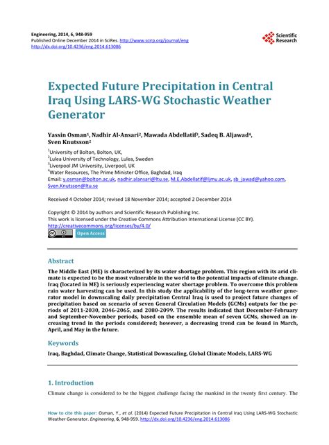 Pdf Expected Future Precipitation In Central Iraq Using Lars Wg