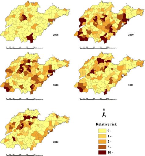 Estimated Relative Risk For Hfmd By Bayesian Spatio Temporal Download Scientific Diagram