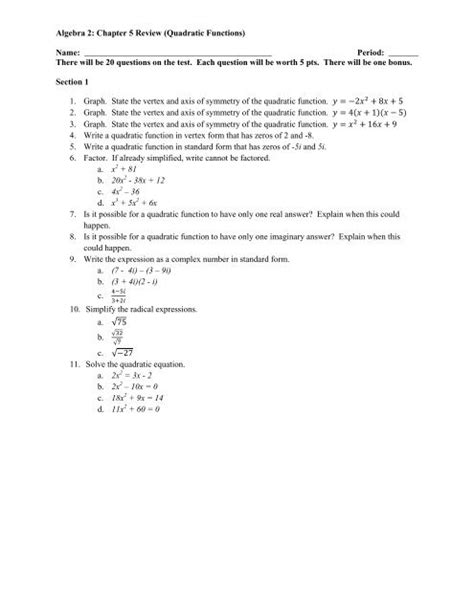 Algebra Chapter Review Quadratic Functions Name Bssd Net