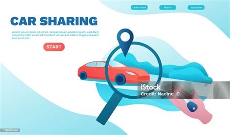 도시 교통 개념 카 셰어링 서비스 스마트 폰으로 렌트 차량 실업가 주문 타기 임대 서비스 템플릿 모바일 앱 청록색 붉은 색 방문 페이지 벡터 플랫 Ui 디자인 돋보기 광학