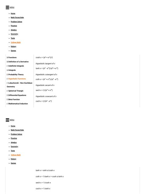 Hyperbolic Functions Sinh Cosh Tanh Coth Sech Cosech Pdf Trigonometric Functions