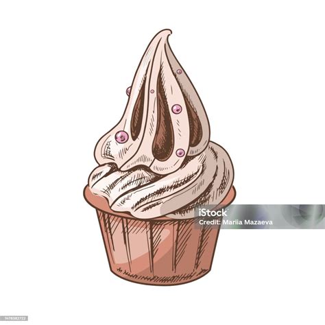 컵에 담긴 냉동 요구르트 또는 소프트 아이스크림의 손으로 그린 컬러 스케치 빈티지 그림입니다 라벨 포장 및 엽서 디자인을위한 요소 유리 재료에 대한 스톡 벡터 아트 및 기타