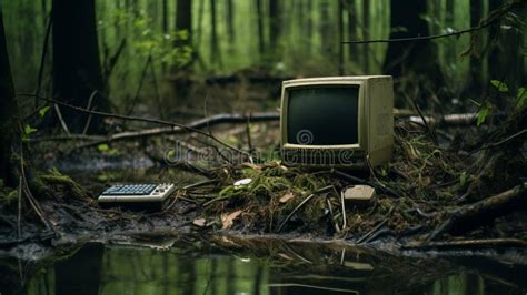 retro desktop computer in a swamp a captivating environmental portrait