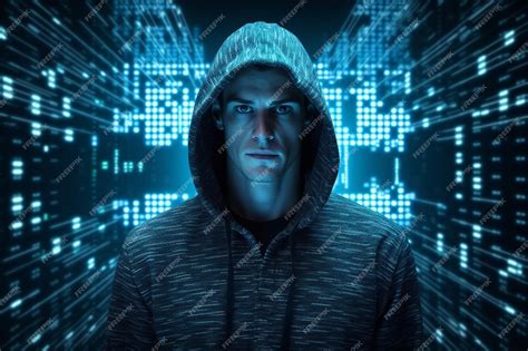 Premium Photo Hooded Hacker With Binary Code On A Dark Blue Background