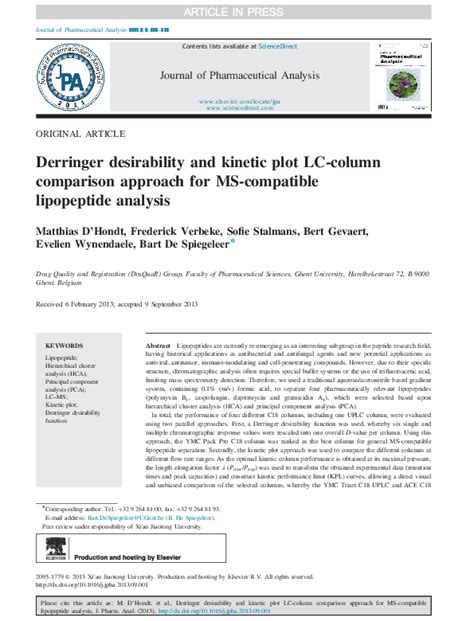 Pdf Derringer Desirability And Kinetic Plot Lc Column Comparison