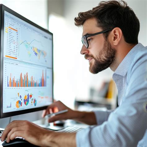 Financial Analyst Reviewing Charts And Graphs On A Computer Premium