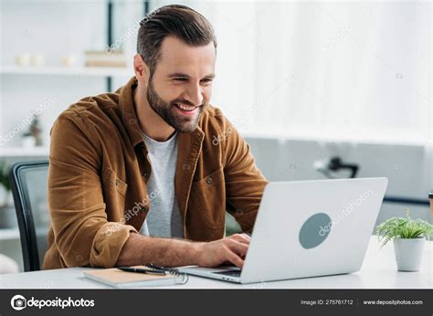 Handsome Happy Man Smiling Looking Screen Laptop Stock Photo By