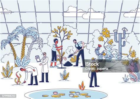 농업과 농업의 개념 사람들이 성장 심기 및 식물 꽃과 나무의 관리 토양을 파고 정원 온실에서 비료를 스프레이 만화 선형 윤곽선