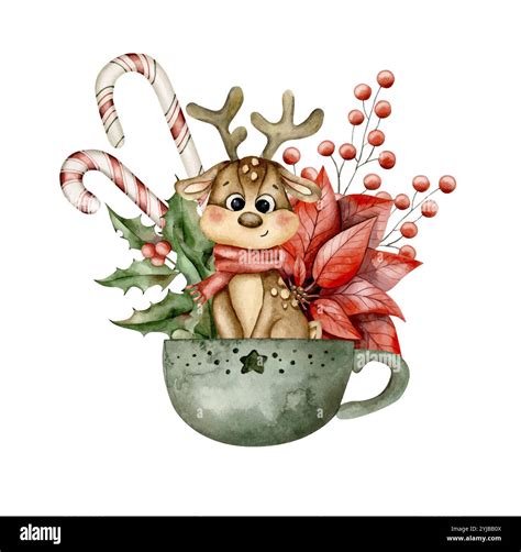 New Years Christmas Hand Drawn Watercolor Illustration With Cup Cute Deer Caramel Canes