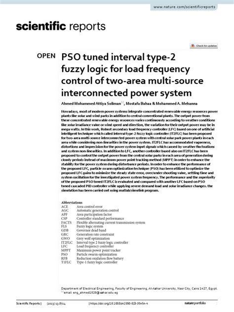 Pso Tuned Interval Type 2 Fuzzy Logic For Load Frequency Control Of Two Area Multi Source