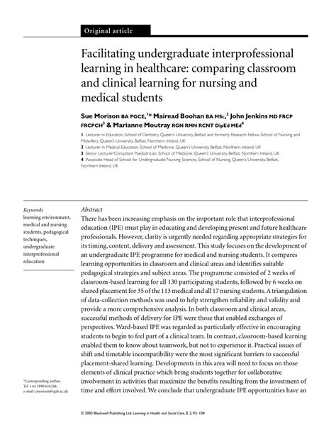 Pdf Facilitating Undergraduate Interprofessional Learning In Healthcare Comparing Classroom
